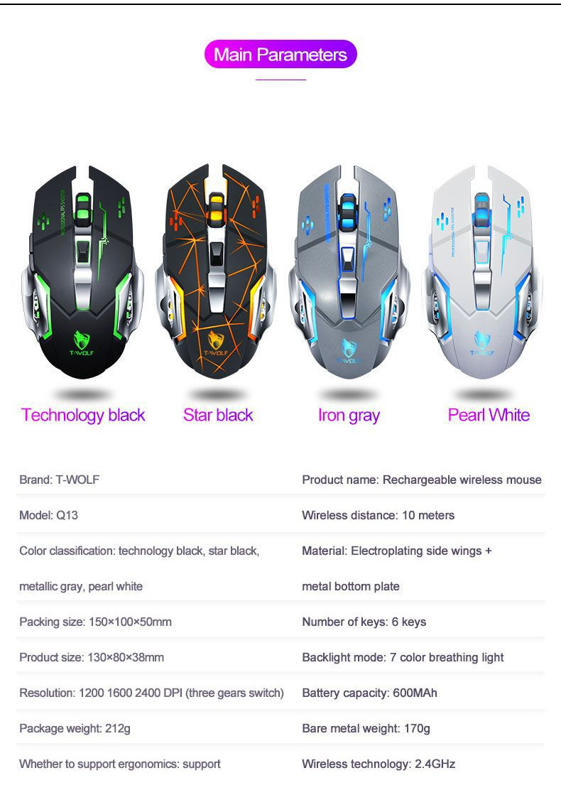 Q13 Wireless Bluetooth Mouse Silent Gaming Mouse RGB Light Usb Charging ...