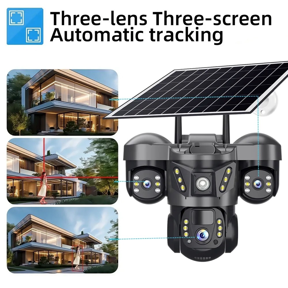 V380 15MP Three Lens HD Outdoor 4G Solar Camera Night Vision PIR Human ...