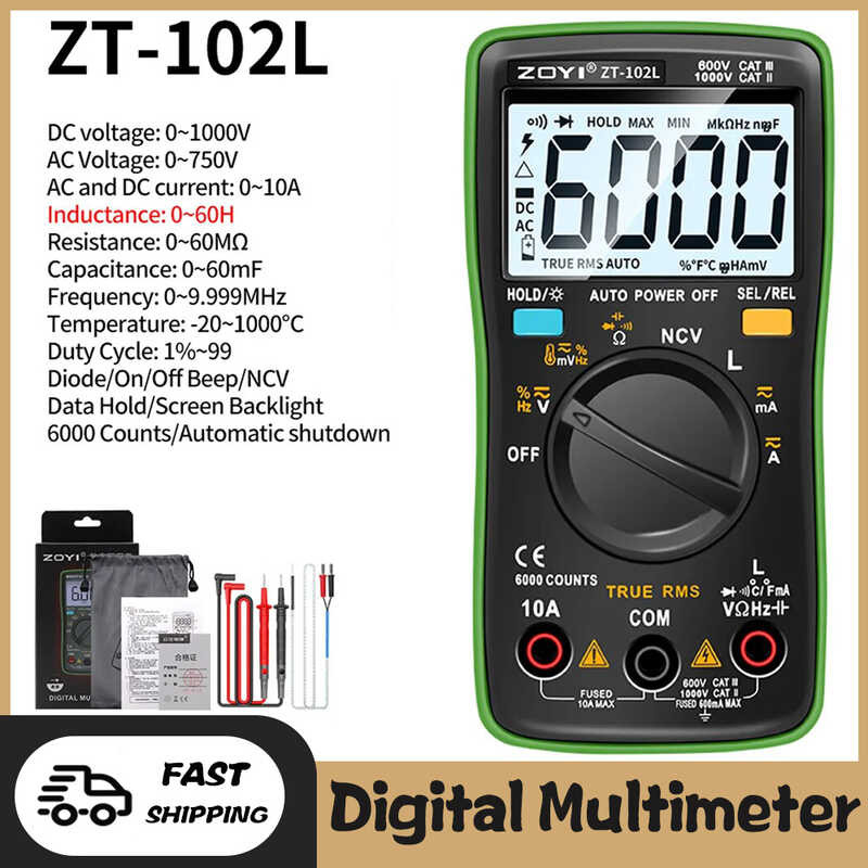 ZOYI b ZT102L Digital Multimeter 6000 Counts Auto Range Backlight AC/DC ...