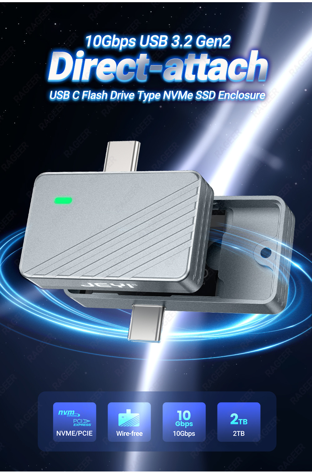 JEYI 2230/2242 M.2 NVMe Direct-attach SSD Enclosure, USB 3.2 10Gbps ...