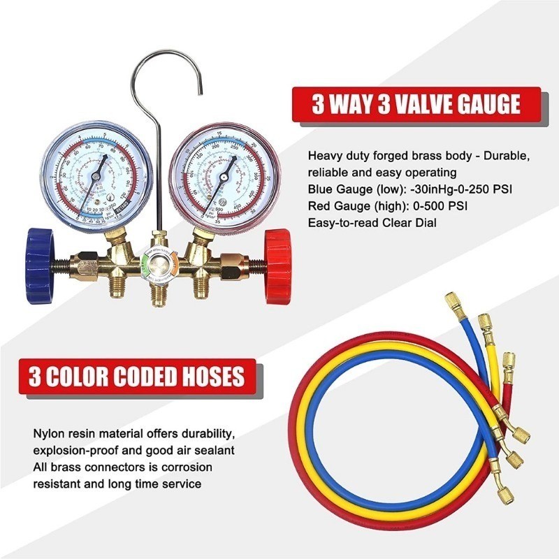 Brass Manifold Gauge Set with Hose R134a / R22 / R12 / R502 Aircon ...