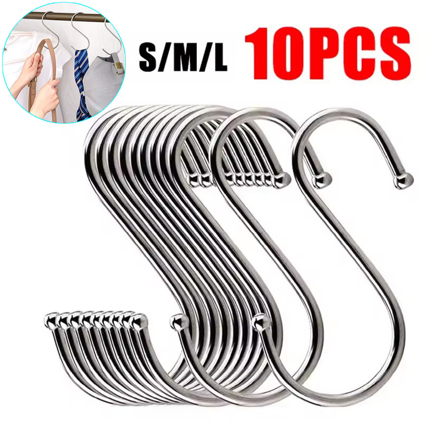10Pcs Stainless Steel S Shaped Hooks / Multi-function Clothes Towels Hook / Kitchen Bathroom ...