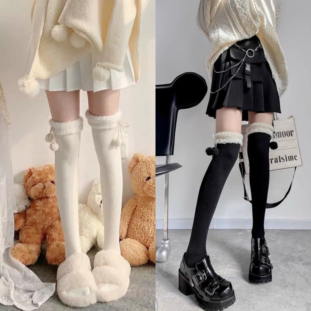 Lamb Wool Knee High Socks Autumn Winter Wool Balls Cute Warm Looped ...