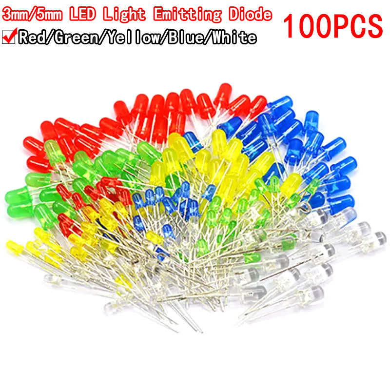 LAUBEI 100pcs 3mm 5mm LED Light White Yellow Red Green Blue Assorted Kit DIY LEDs Set electronic ...
