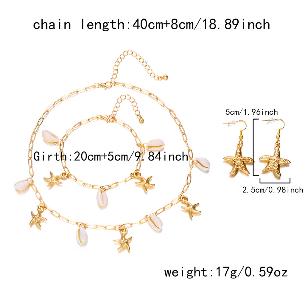 1 Sets Boho Coastal Starfish Jewelry Set Golden Rhinestone Seashell Necklace Bracelet Earrings ...