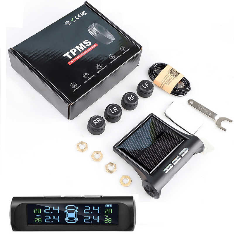 433.92Mhz TPMS Digital Solar Power Car Tire Pressure Monitoring System Gamit Ang 4 Sensors USB ...