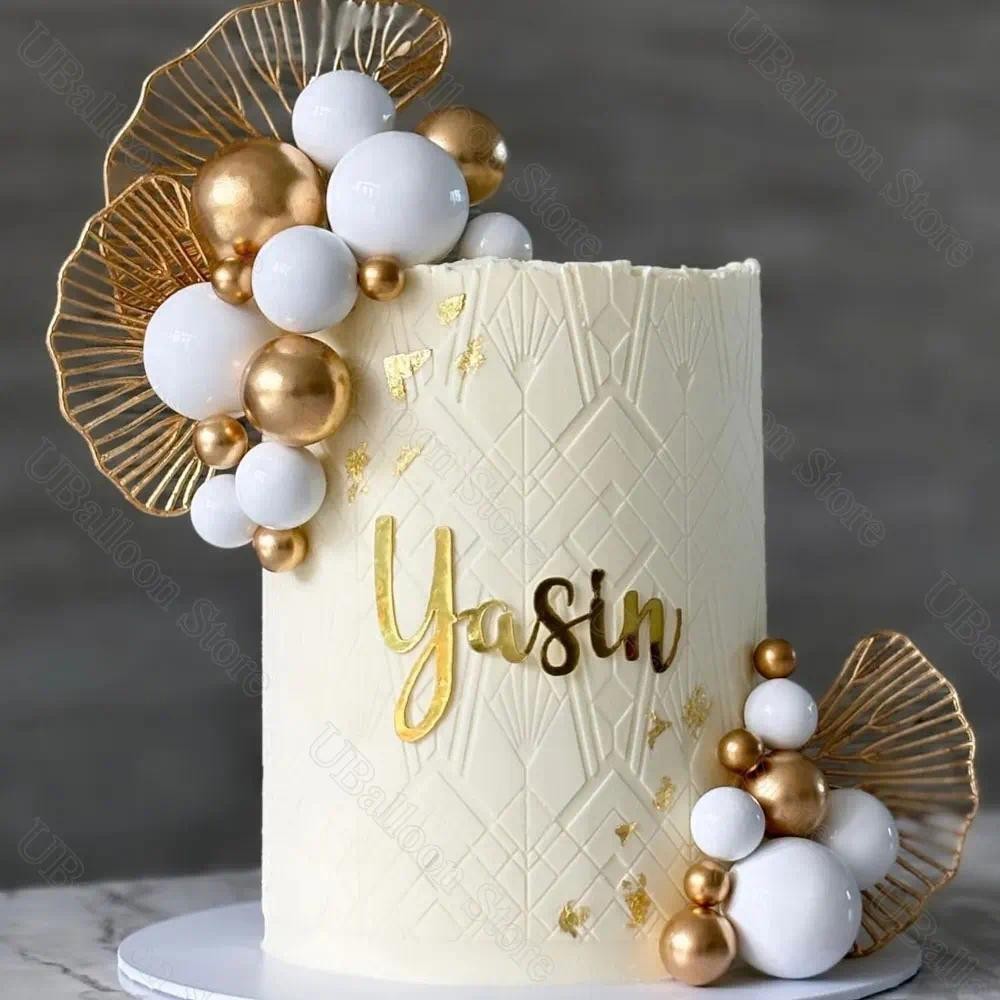 31Pcs White Gold Balls Cake Toppers Golden Ginkgo Leaves Metal Gold ...