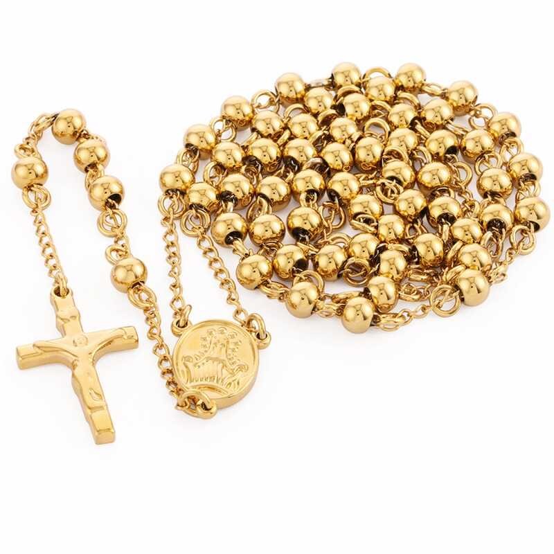 Steel Stainless Beads Necklace Gold Color Rosary Necklaces Pendants ...