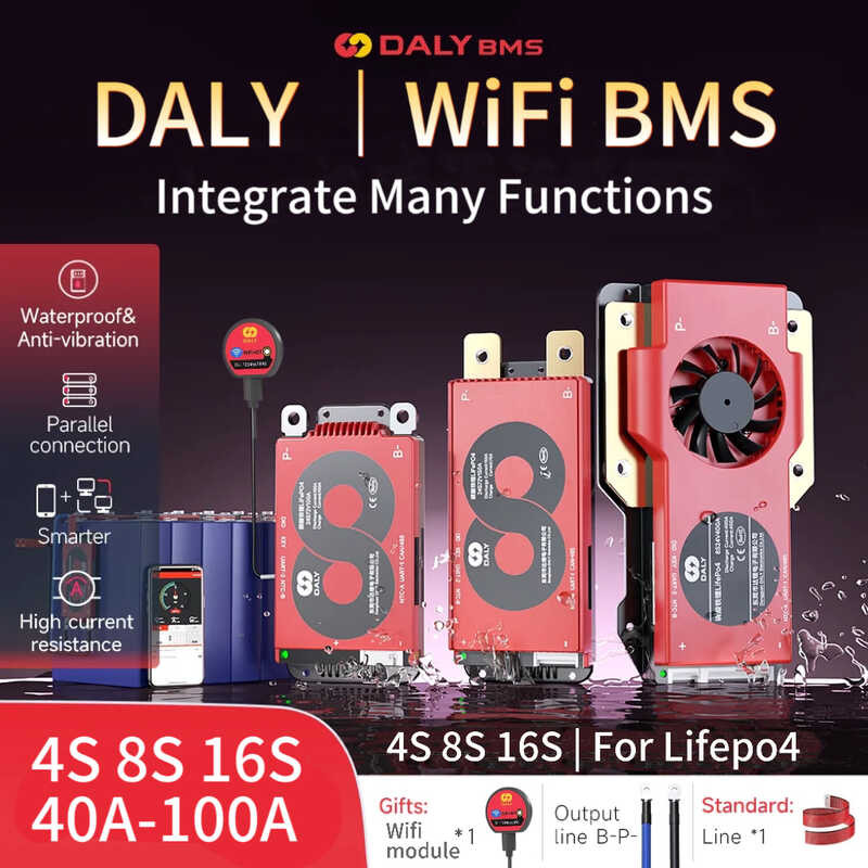 NEW DALY Smart WIFI BT BMS Lifepo4 4S 12V 40A 60A 100A UART Rs485 CAN Parallel Function For ...
