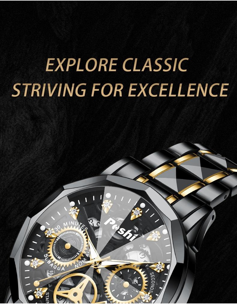 POSHI Original Men's Luxury Business Stainless Steel Gold Black New ...