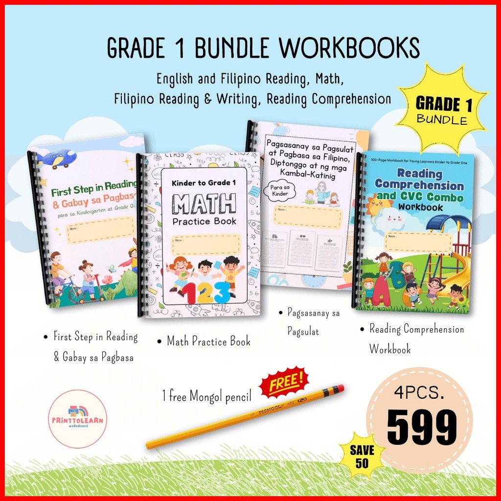 Grade 1 Bundle Workbooks Set English and Filipino Reading, Math ...