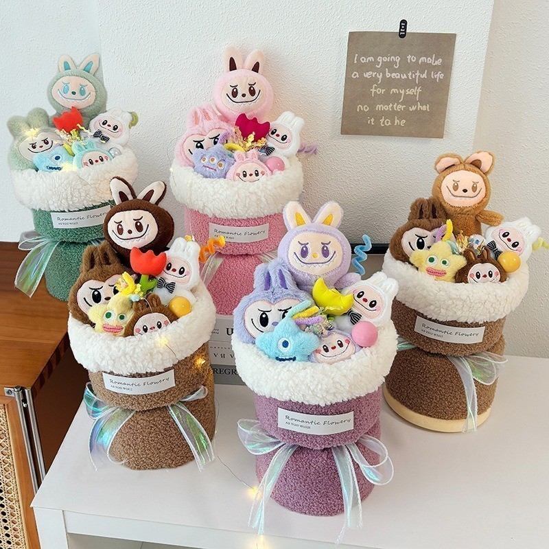 Cartoon Anime Labubu Plush Dolls Flower Bouquets Graduation Birthday ...