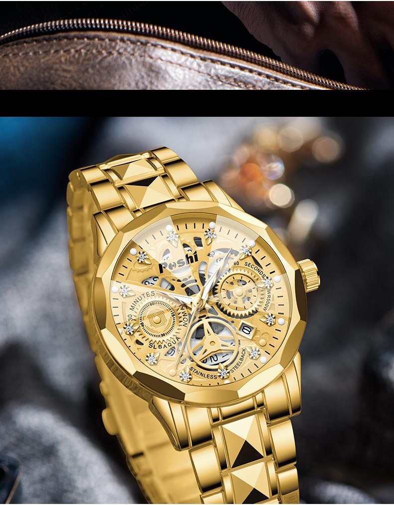 POSHI Original Men's Luxury Business Stainless Steel Gold Black New ...