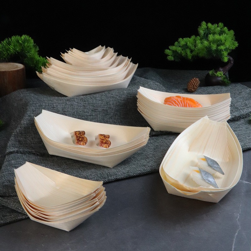 100pcs Disposable Wooden Sushi Boat 3.5inch Siomai Plate Snacks Serving ...