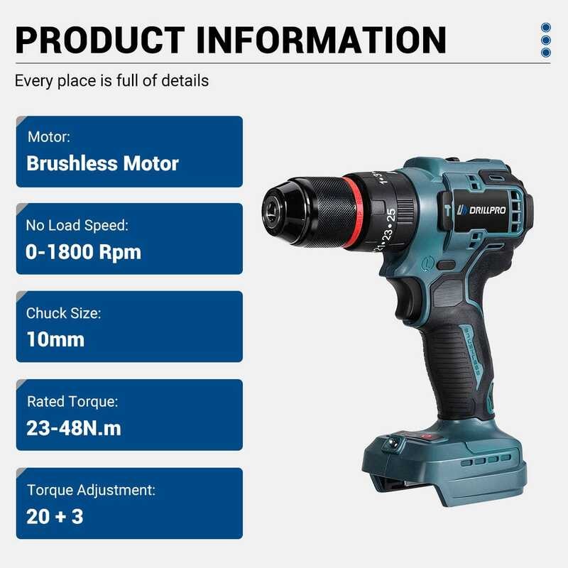 Drillpro Brushless Electric Impact Drill 23-48 N.M Torque 2 Speed Cordless Screwdriver DIY ...
