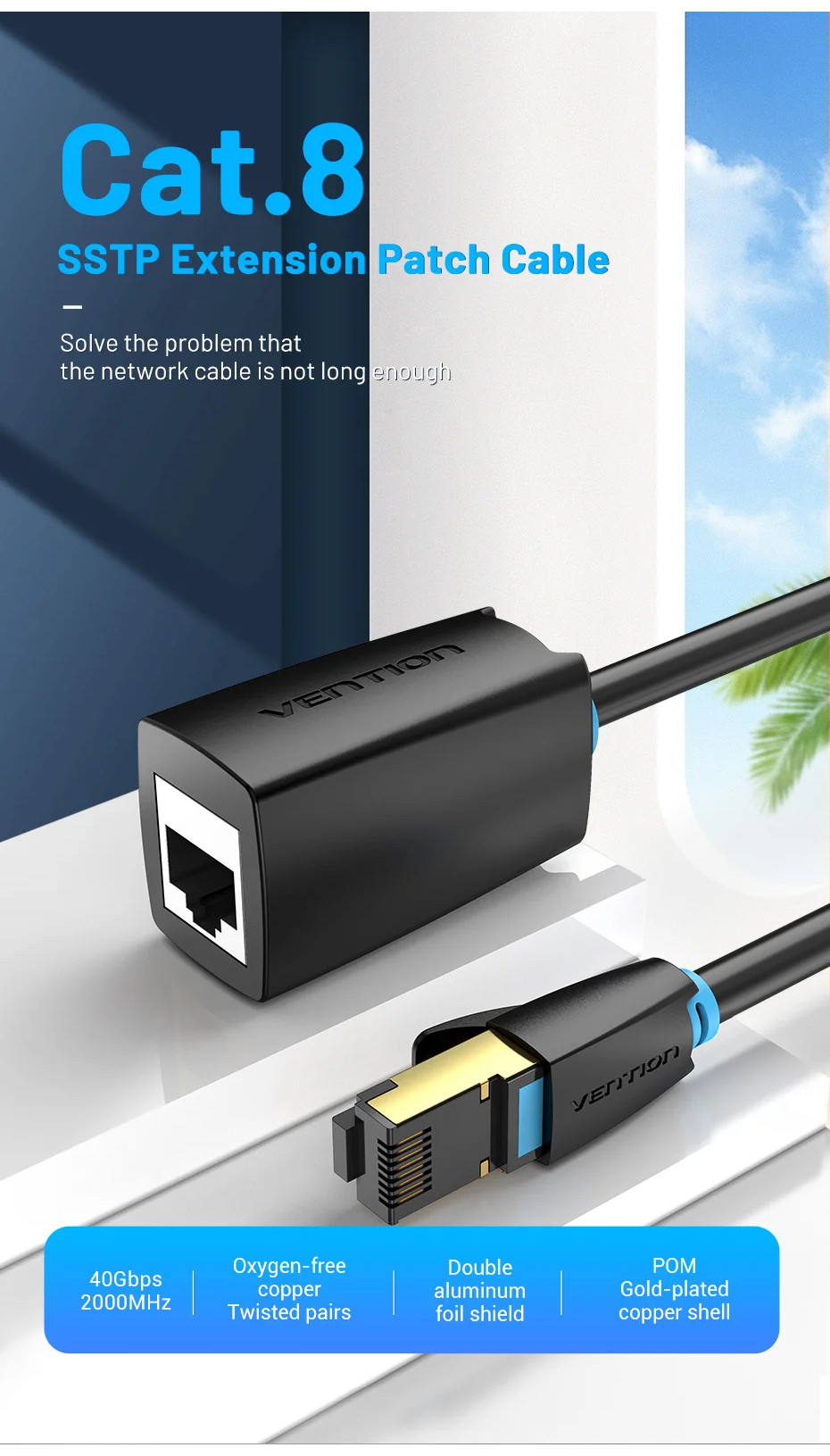 Vention Cat8 Ethernet Extension Cable SFTP 40Gbps RJ45 Extender Patch Cord Adapter for Router ...
