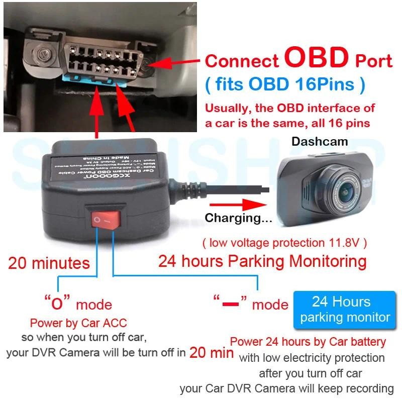 24Hours Mini Mico USB Ports 5V 3A Car Charge Cable OBD Hardwire Cord 3 ...