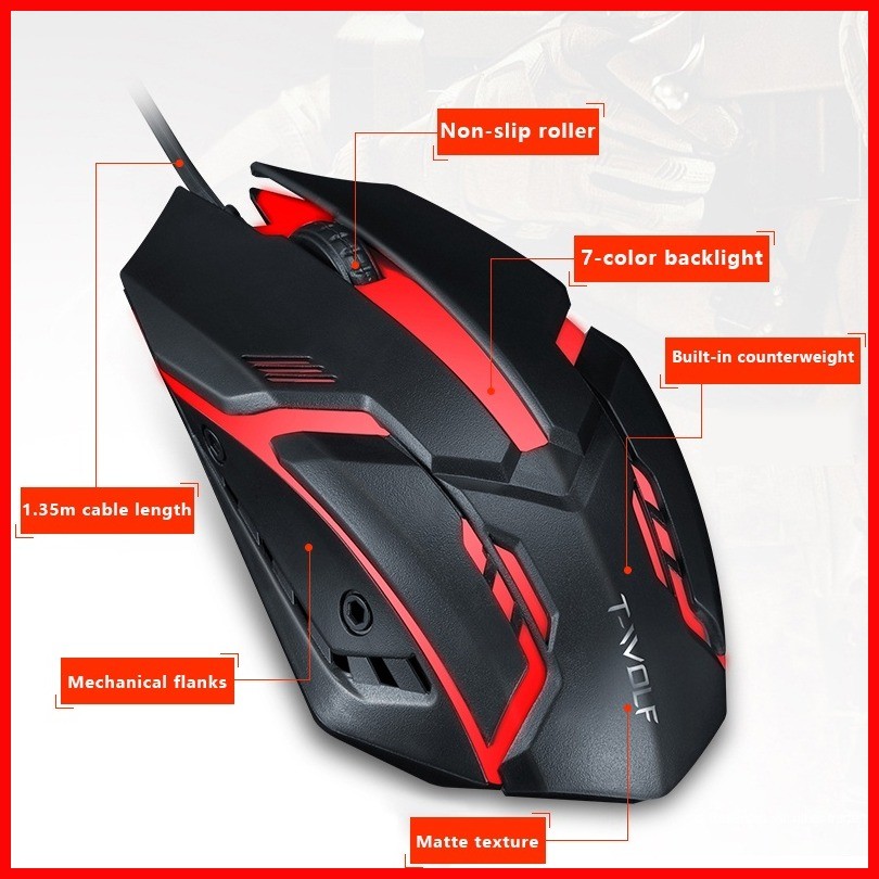 T-WOLF V1 Wired Gaming Mouse 3 Button 7 Colorful Backlight 1200 DPI ...