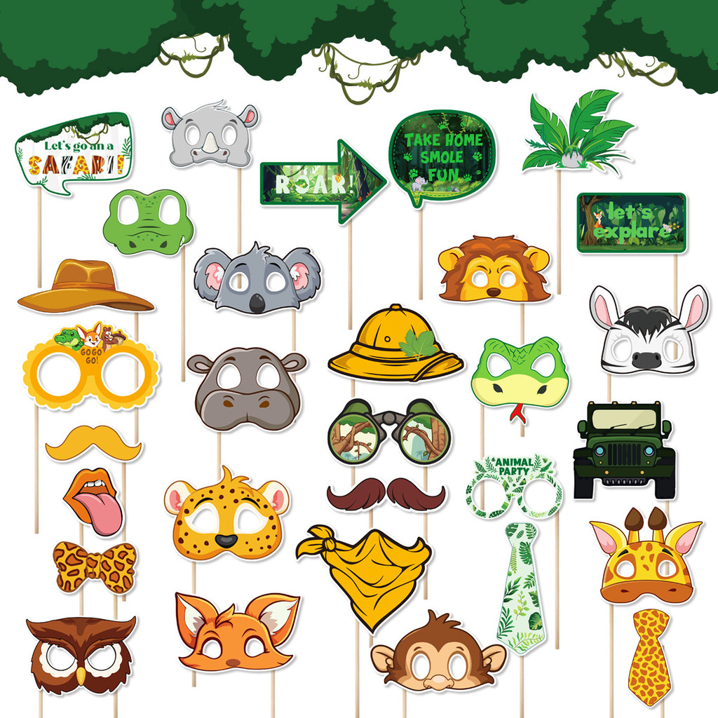 30 Pcs Jungle Animals Decorations Photo Booth Props Animals Theme Lion ...