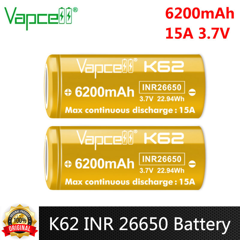 Original Vapcell K62 INR 26650 6200Mah Highest Capacity 15A 3.7V Rechargeable Lithium Battery ...