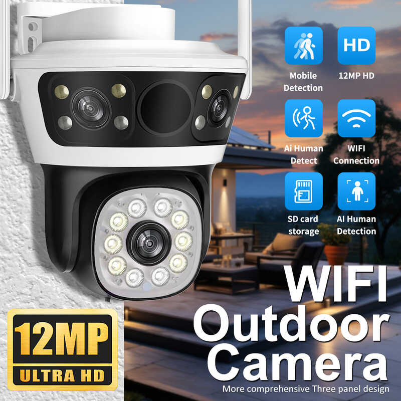 12Mp HD 6K Wifi PTZ Camera Outdoor Lens Triple Screen Security Mobile ...