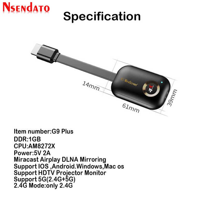 Mirascreen G9 Plus 2.4G/5G 4K Miracast DLNA Airplay HD TV Stick Wifi ...
