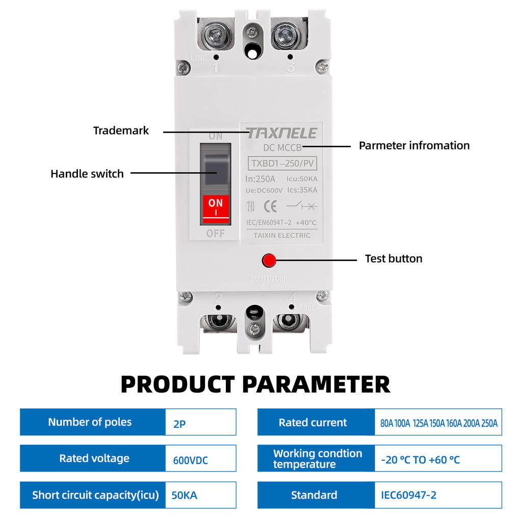 Solar Molded Case DC 600V 125A 160A 200A Circuit Breaker MCCB Overload Protection Battery ...