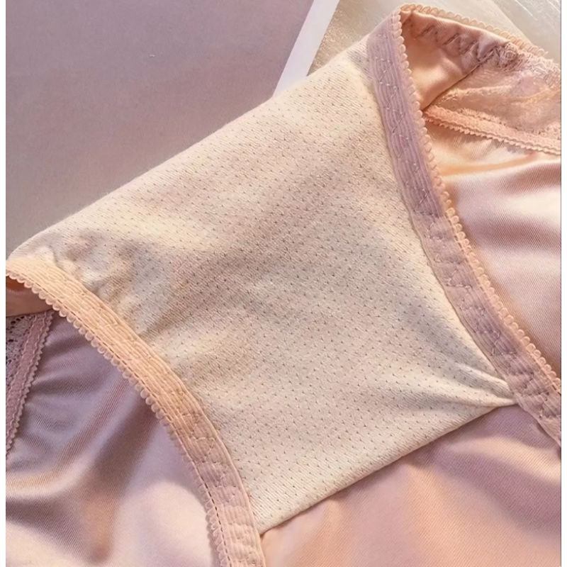 4PCS Set Woman Plus Size Satin Panties Mid-Waist Lace Silk Oversized ...