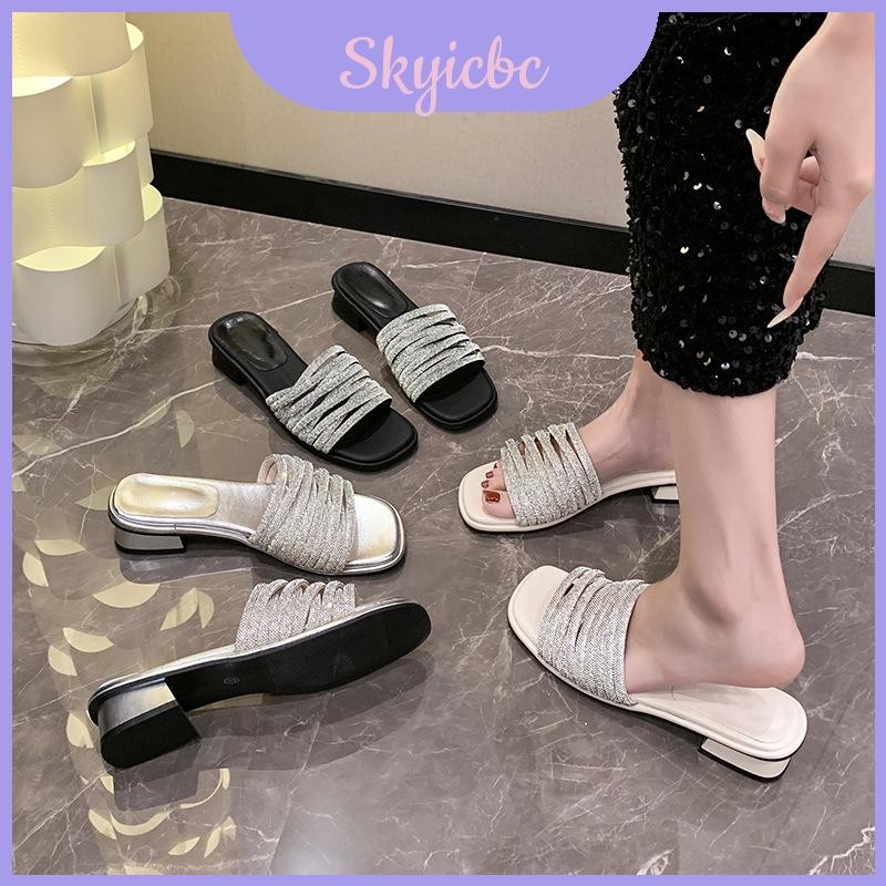 Silver And Elegant Beige Chunky Heel Summer Slides For Women Stunning ...