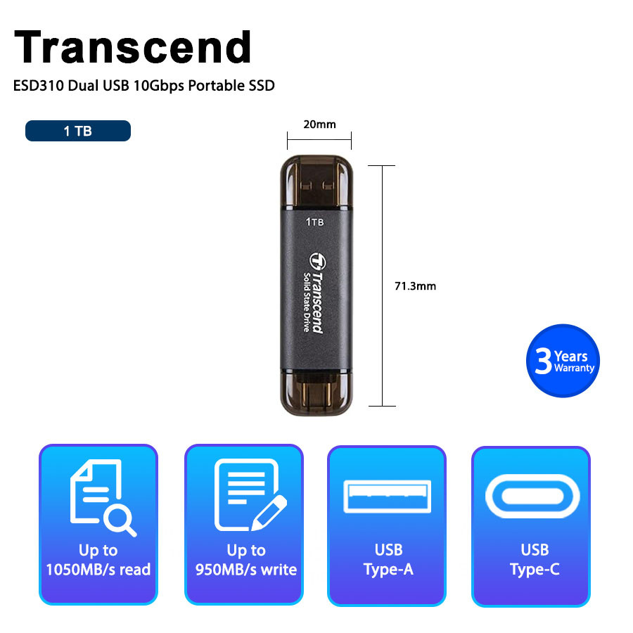 Transcend ESD310C Black 1TB USB3.1 Gen2 Portable SSD with Type-C & Type ...
