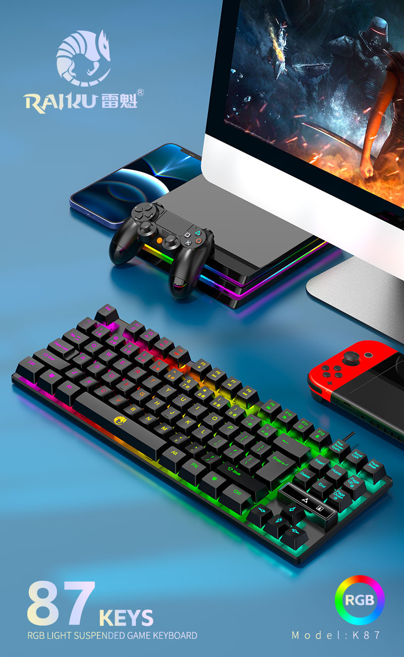 Zeus® x Raiku RK-87 87-key wired gaming keyboard membrane type multi-function RGB backlight for ...