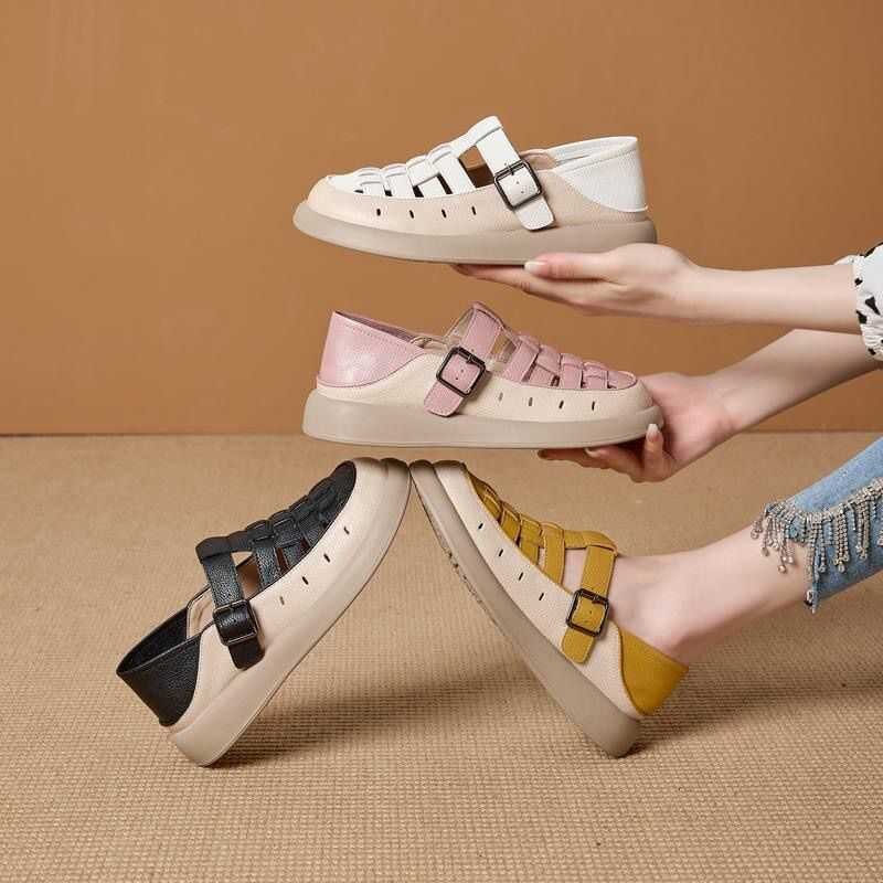 * Women's Sandals With Hollowed Out Toe Caps Soft Leather Retro Woven ...