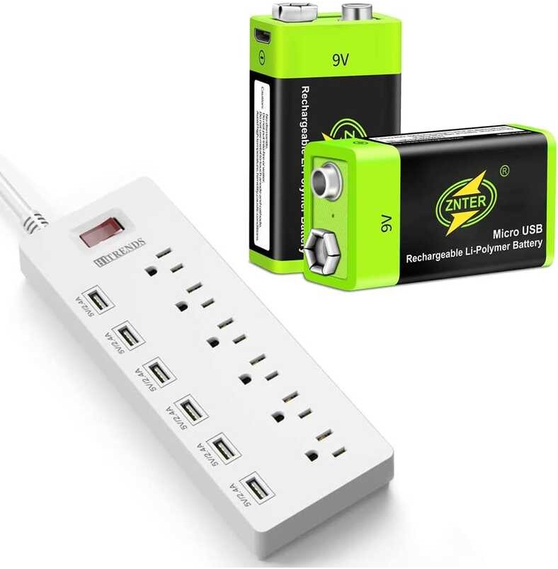 Strip Surge Power Protector Outlets with 6 Ports & USB Rechargeable 9V ...