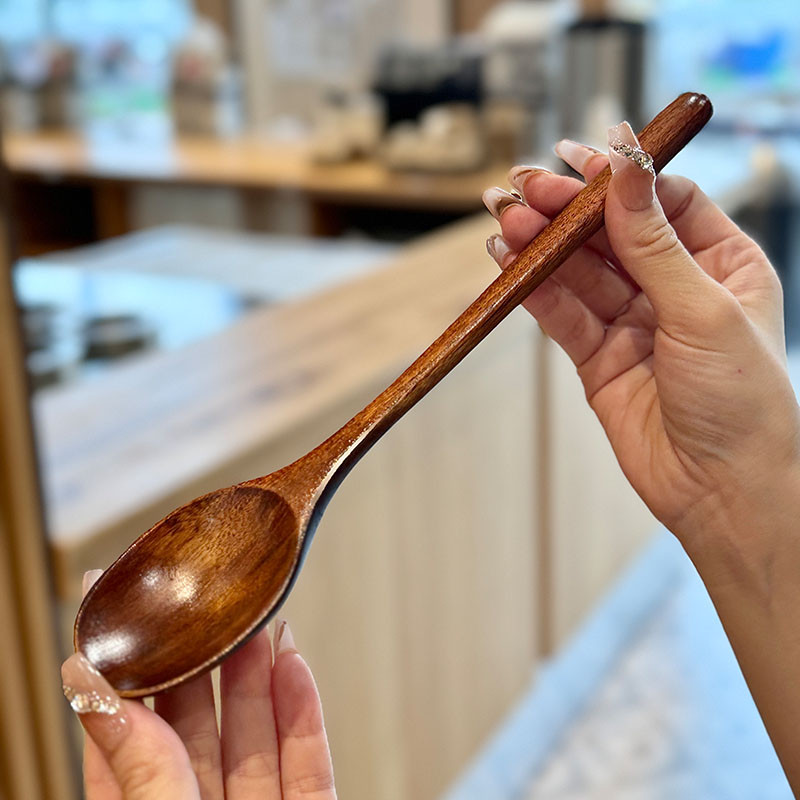 Wooden long handled spoon household mixing spoon extended natural ...