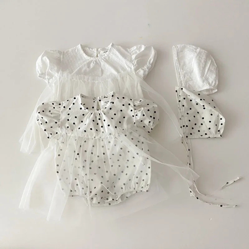 Newborn Baby ♡ Girl Clothes Fashion Polka Dot Gauze Puff Sleeves ...