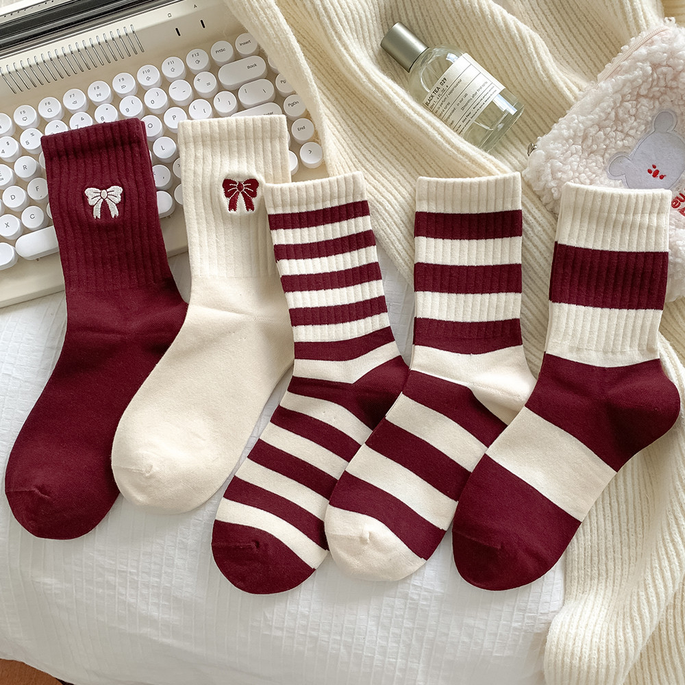 Trendy Fashion Red Girls Embroidery Bow Cute Socks Long Breathable ...