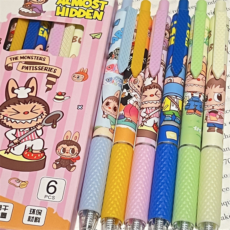 6pcs/box Kawaii Labubu Press Gel Pens For Writing Cute 0.5mm Black Ink ...