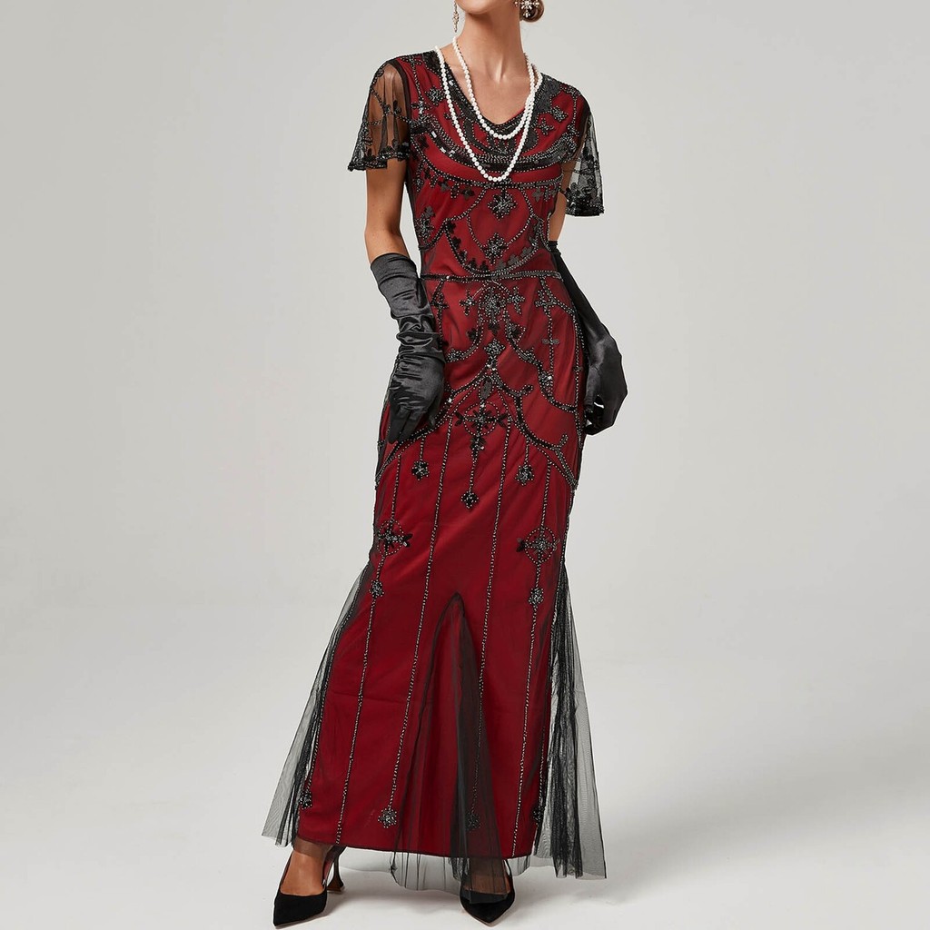 Women 1920S Vintage Great Gatsby V-Neck Short Sleeve Beaded Sequin Maxi ...
