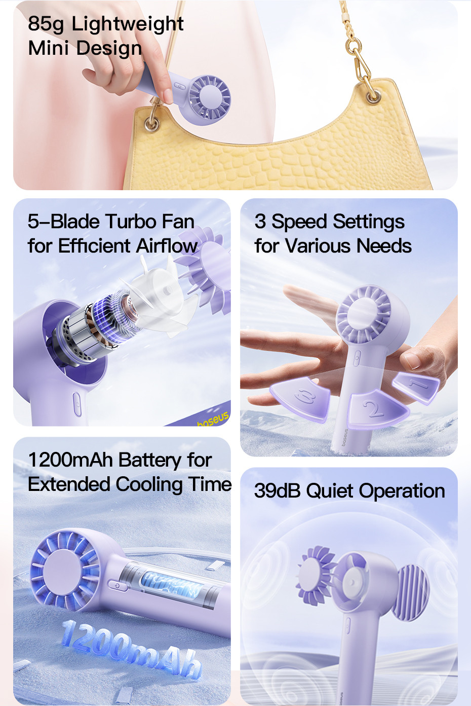 Baseus Handheld Fan DT1 Mini Fan USB Rechargeable Protable Fan 4 Hours ...