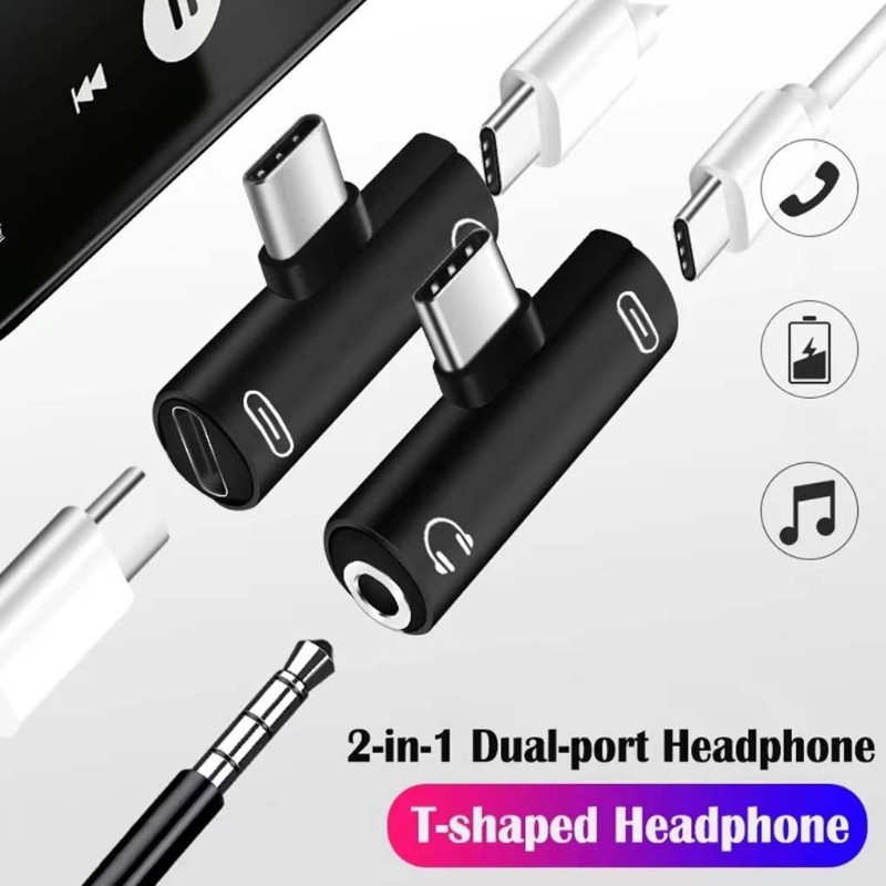 T-shaped 2 in 1 Type C to 3.5mm Audio Jack + Type C Charging Jack ...