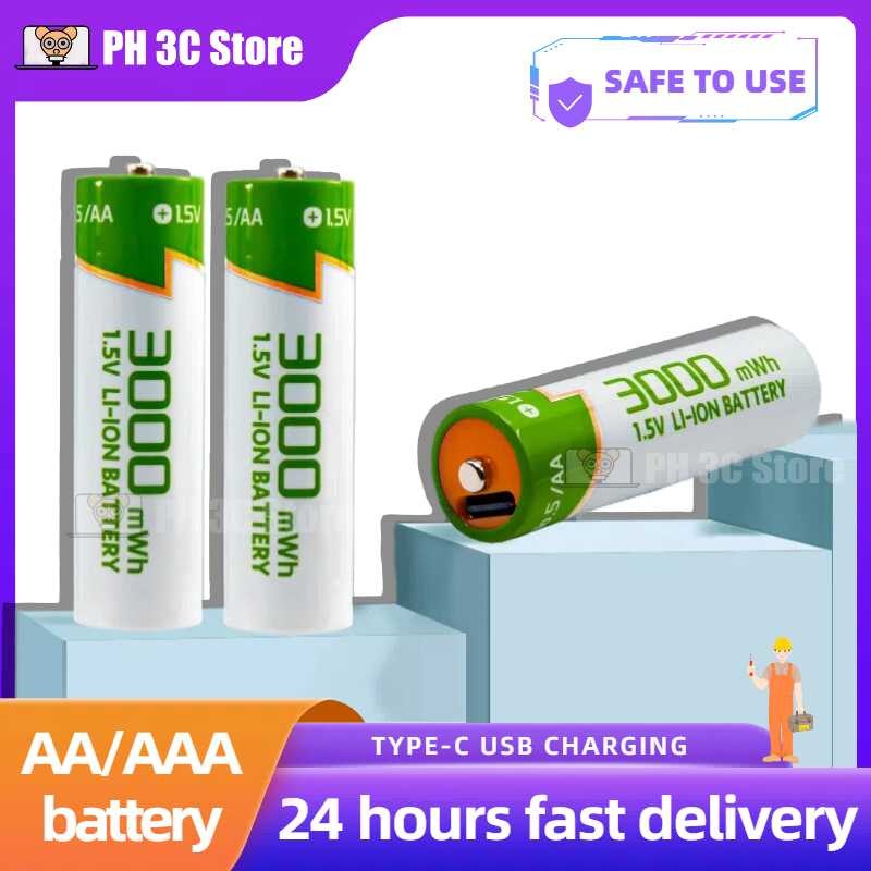 AA Battery 3000 Mwh Large Capacity Lithium Ion Type-C Rechargeable Self ...