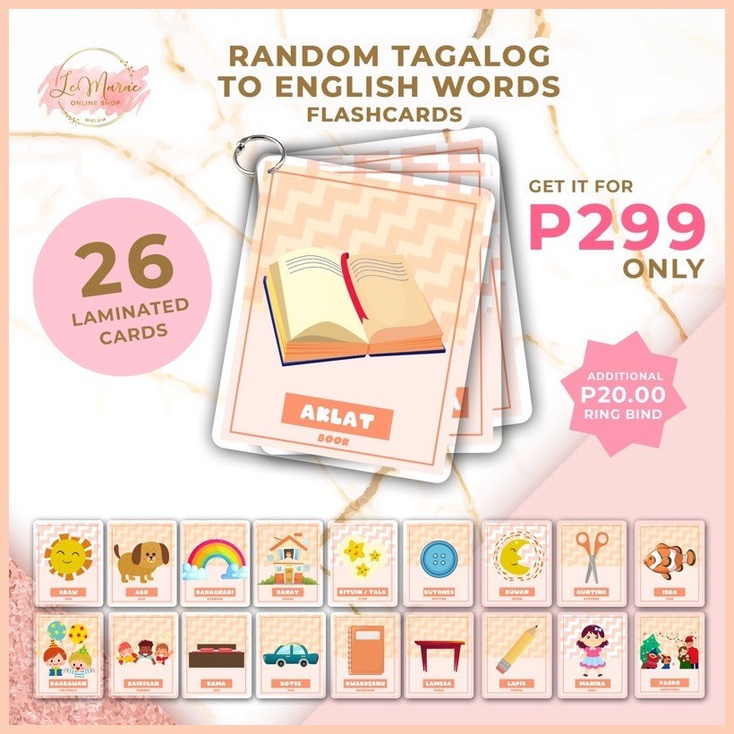 ☂ ☩ RANDOM TAGALOG ENGLISH WORDS Laminated Educational Flashcards for ...