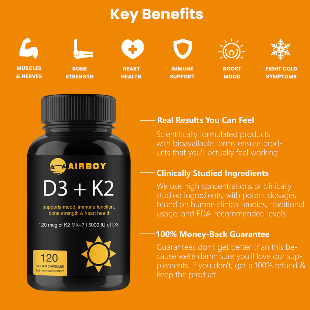 AIRBOY Vitamin D3 + K2, Supports Mood, Immune Function, Bone Strength ...