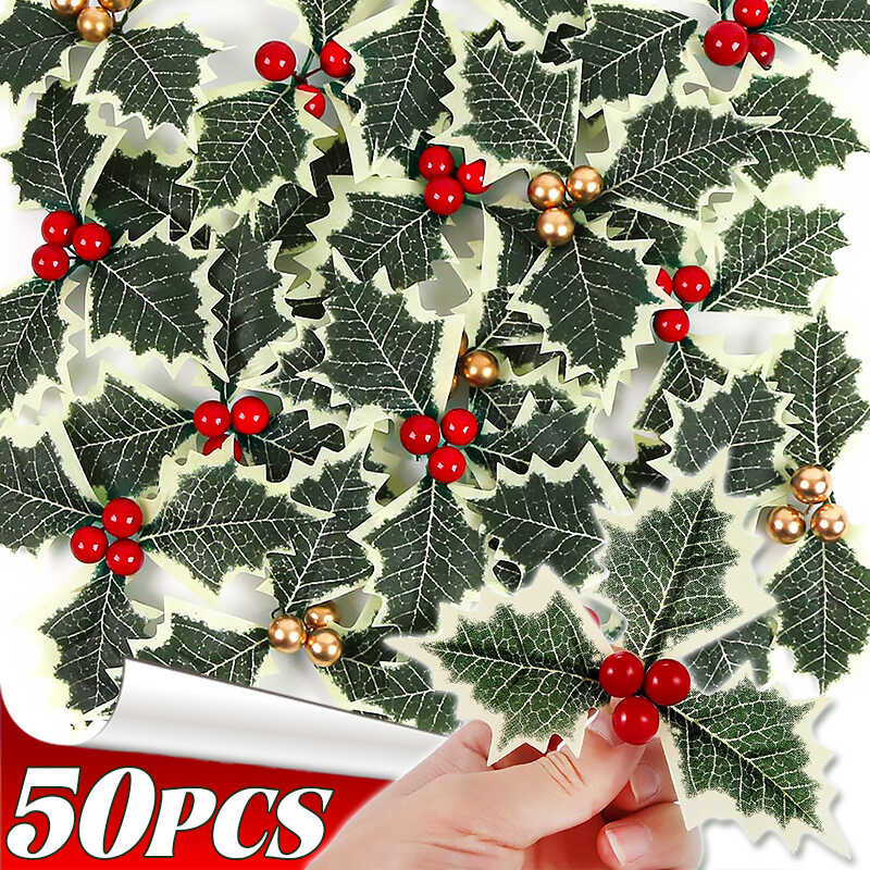 10-50Pcs Artificial Holly Berries With Leaves For Christmas DIY Wreath ...