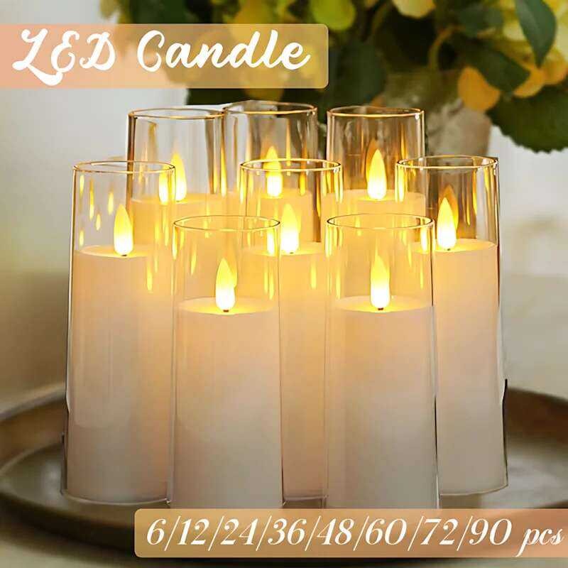 W 6-90Pcs Acrylic Cup Led Wedding Flickering Flameless Candles Battery ...
