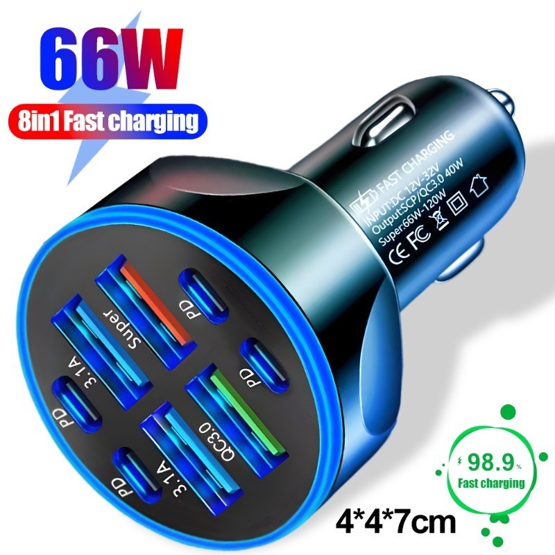 8 In 1 Car Charger - 4USB+4PD Multi Port - 66W Quick Charge 3.0 Charger ...