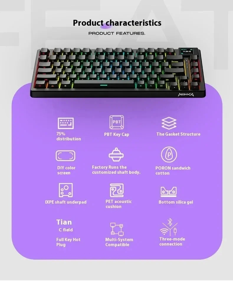 MONKA 3075 Mechanical Keyboard Diy Color Screen Wireless 2.4g Bluetooth ...