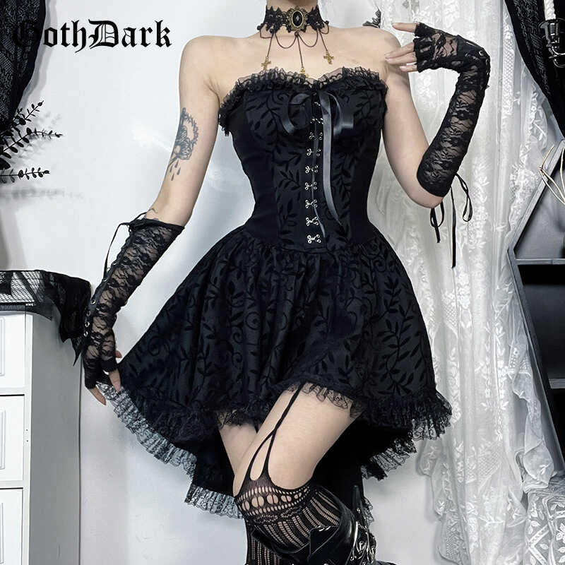 960 Dark Goth Lace Patchwork Bandage Strapless Corset Dress Mall Gothic ...
