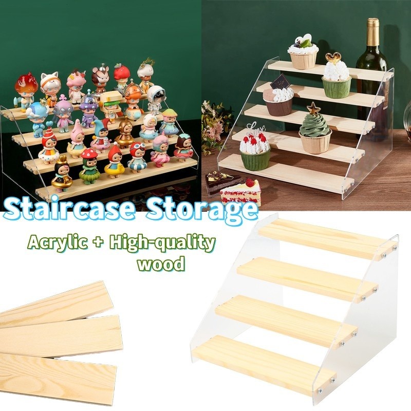 3/4/5layer Ladder Acrylic Display Rack Wooden Cosmetics Action Figures ...