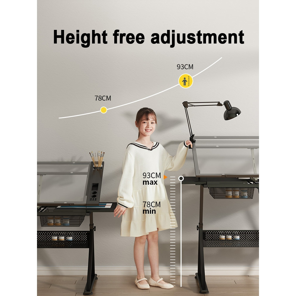 MC [COD] Drafting Glass Table Height Adjustable Drawing Table Extra Side Drawers with Leather ...